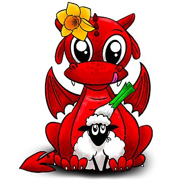 "Cute Cartoon Welsh Dragon with Sheep & Daffodil & Leek Digital Art ...