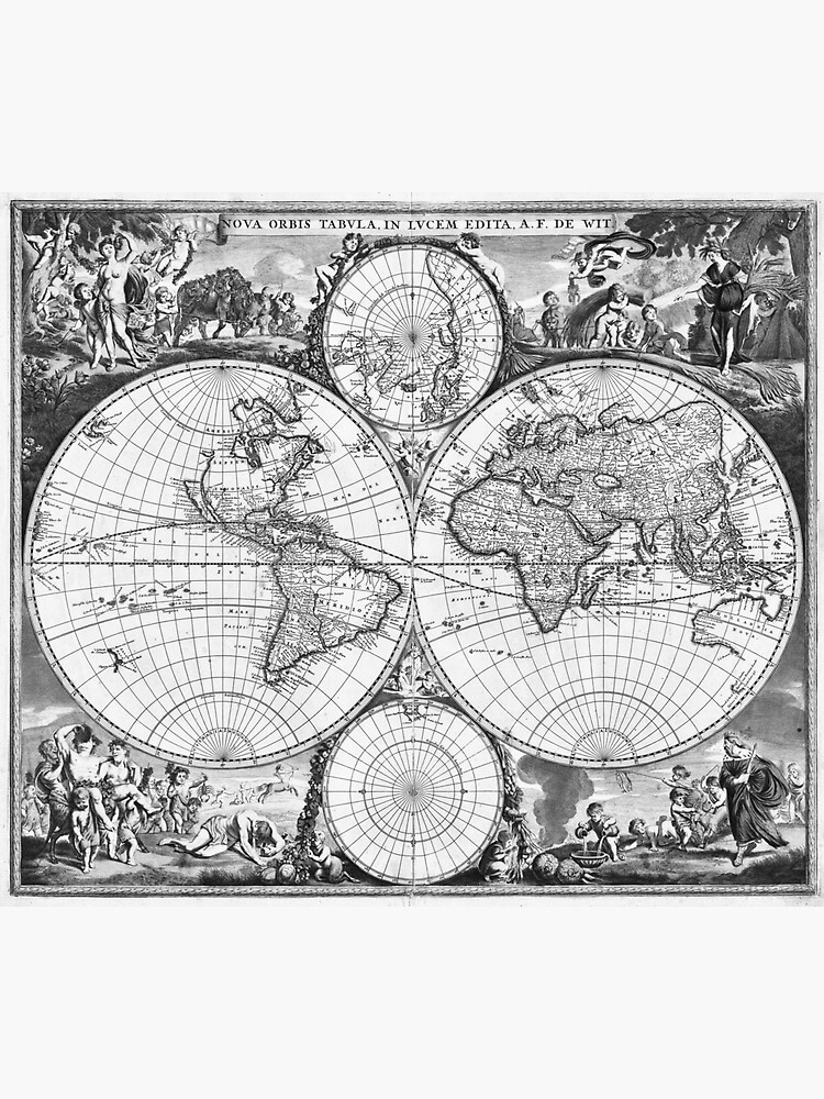 "Black and White World Map (1670)" Sticker for Sale by BravuraMedia ...