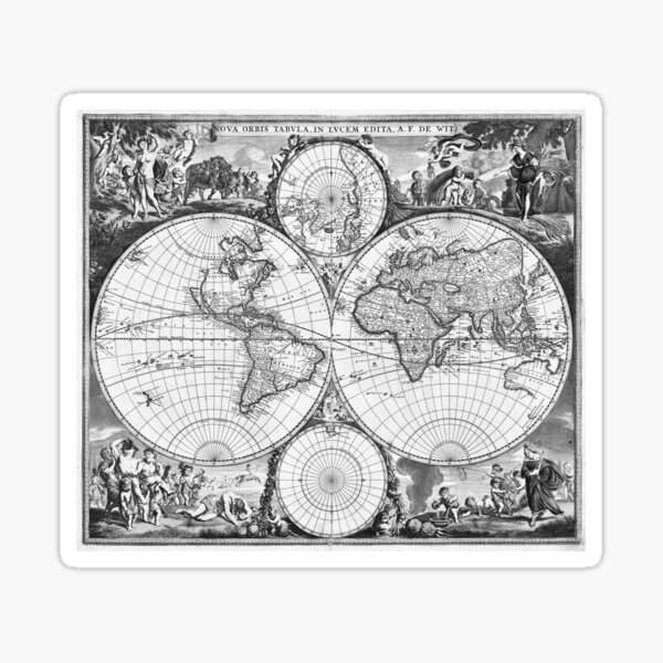"Black and White World Map (1670)" Sticker for Sale by BravuraMedia ...
