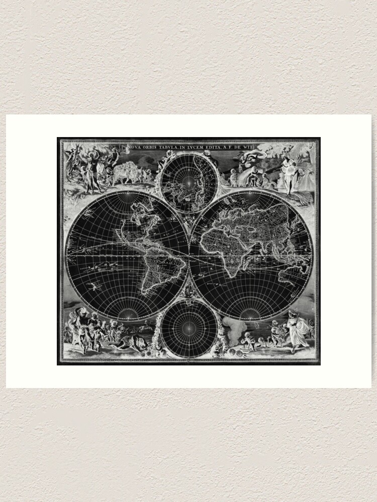 "Black and White World Map (1670) Inverse" Art Print by BravuraMedia ...