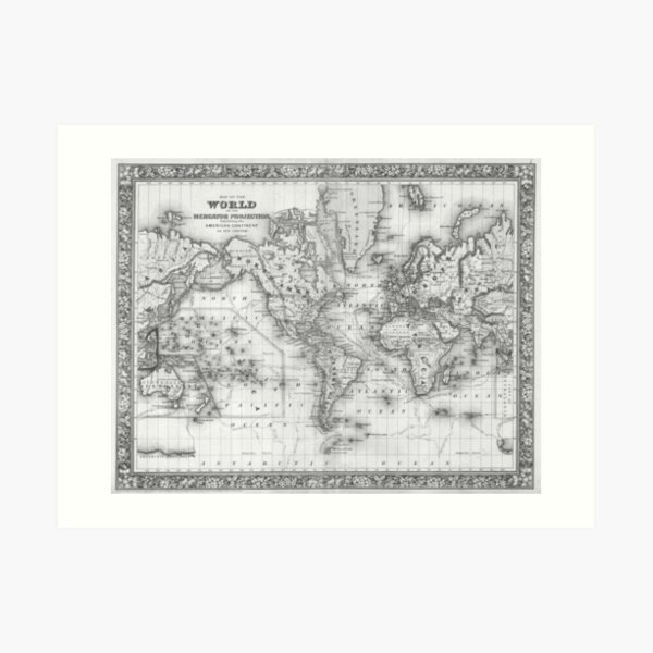 "Black and White World Map (1864)" Art Print for Sale by BravuraMedia ...
