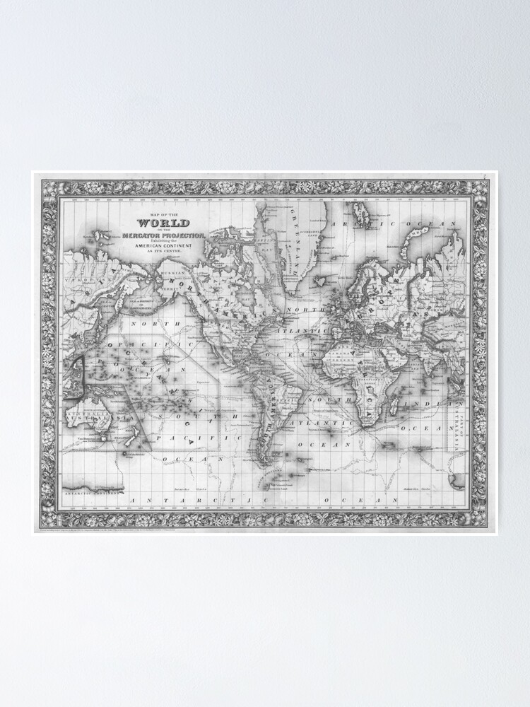 "Black and White World Map (1864)" Poster for Sale by BravuraMedia ...