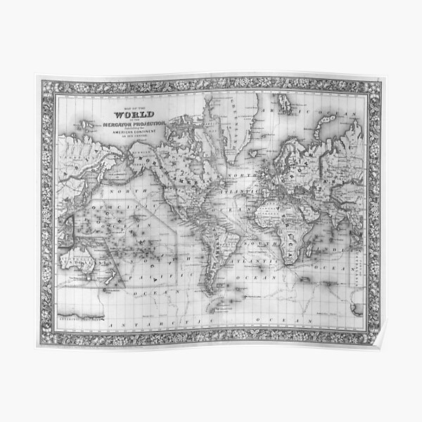 "Black and White World Map (1864)" Poster for Sale by BravuraMedia ...