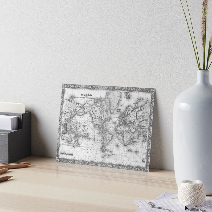 "Black and White World Map (1864)" Art Board Print by BravuraMedia ...