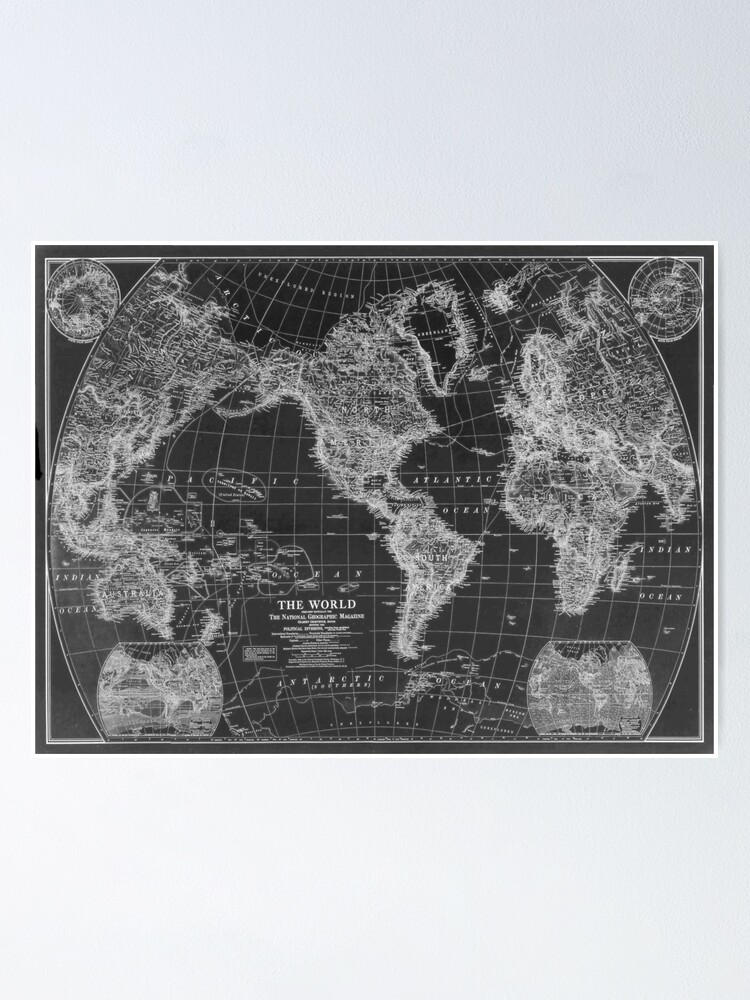 "Black and White World Map (1922) Inverse" Poster by BravuraMedia ...
