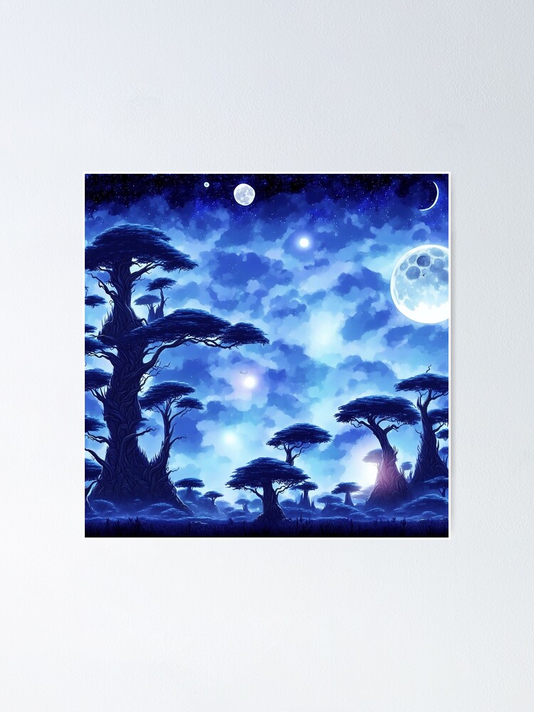 "Blue alien landscape with several moons and starry sky" Poster for ...