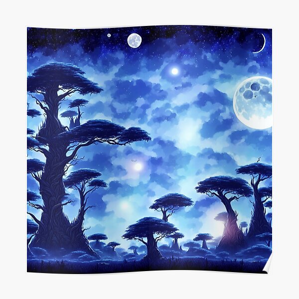 "Blue alien landscape with several moons and starry sky" Poster for ...