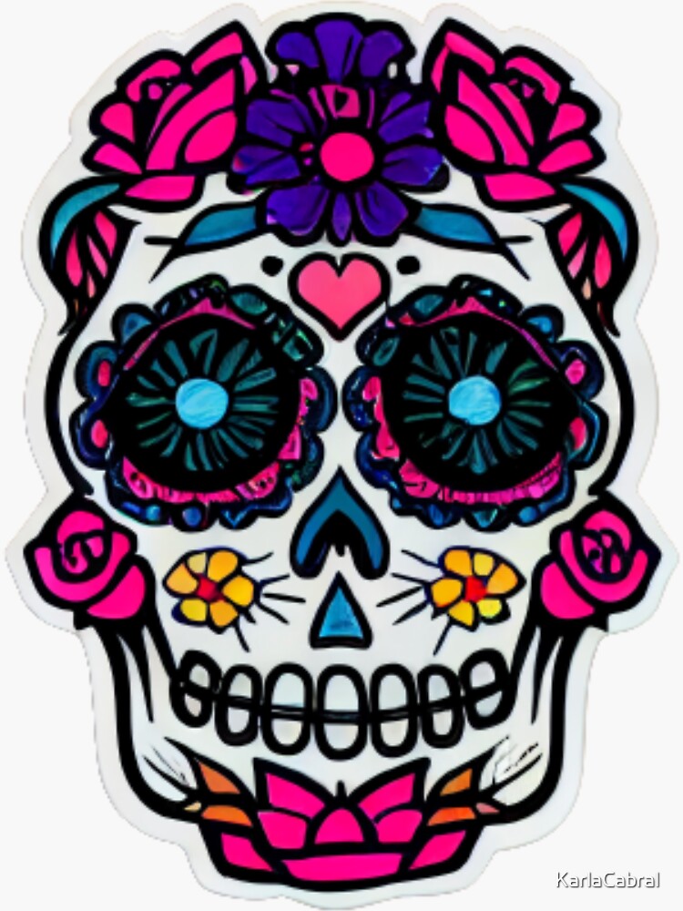 "STICKER DAY OF THE DEAD, CALAVERA DE AZUCAR, SUGAR SKULL, WITH FLORES ...