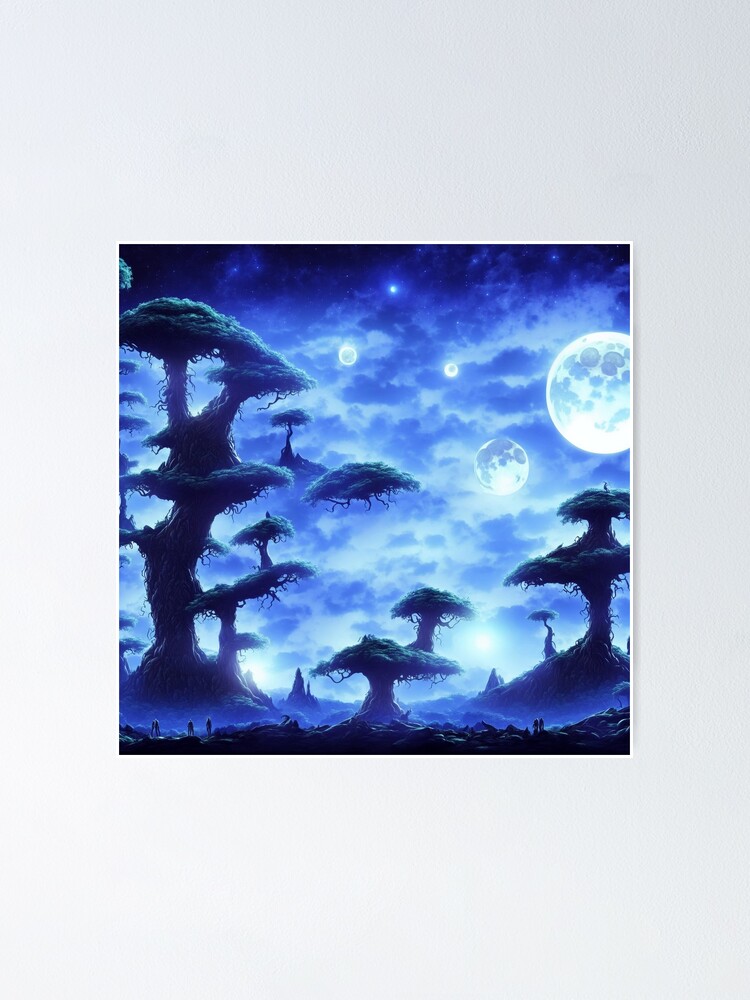 "Blue alien landscape with several moons, starry sky and floating trees ...