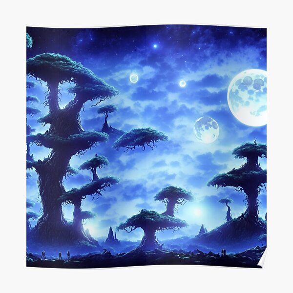 "Blue alien landscape with several moons, starry sky and floating trees ...