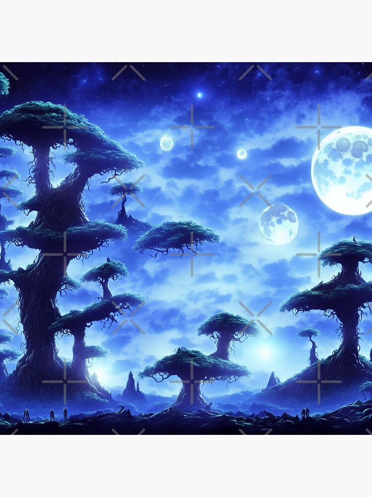 "Blue alien landscape with several moons, starry sky and floating trees ...