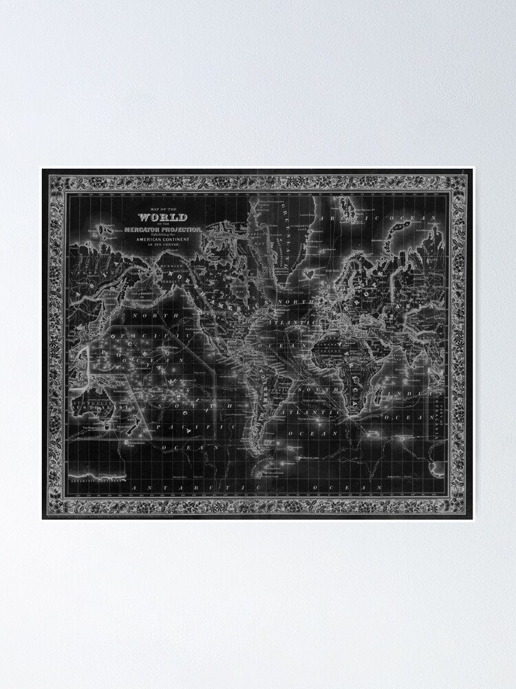"Black and White World Map (1864) Inverse" Poster for Sale by ...