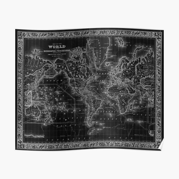 "Black and White World Map (1864) Inverse" Poster for Sale by ...