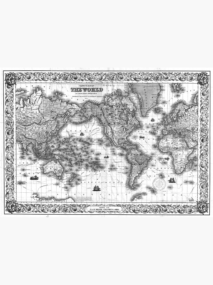 "Black and White World Map (1852)" Sticker by BravuraMedia | Redbubble