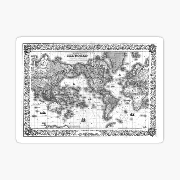 "Black and White World Map (1852)" Sticker by BravuraMedia | Redbubble