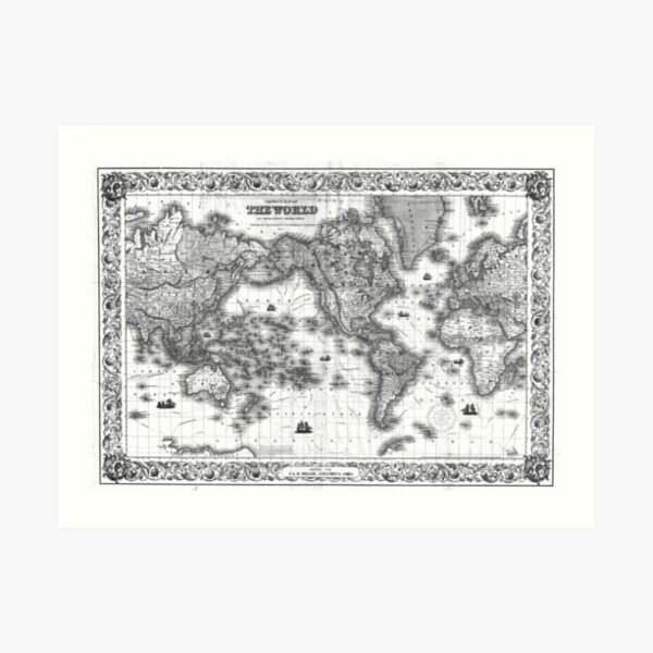 "Black and White World Map (1852)" Art Print for Sale by BravuraMedia ...