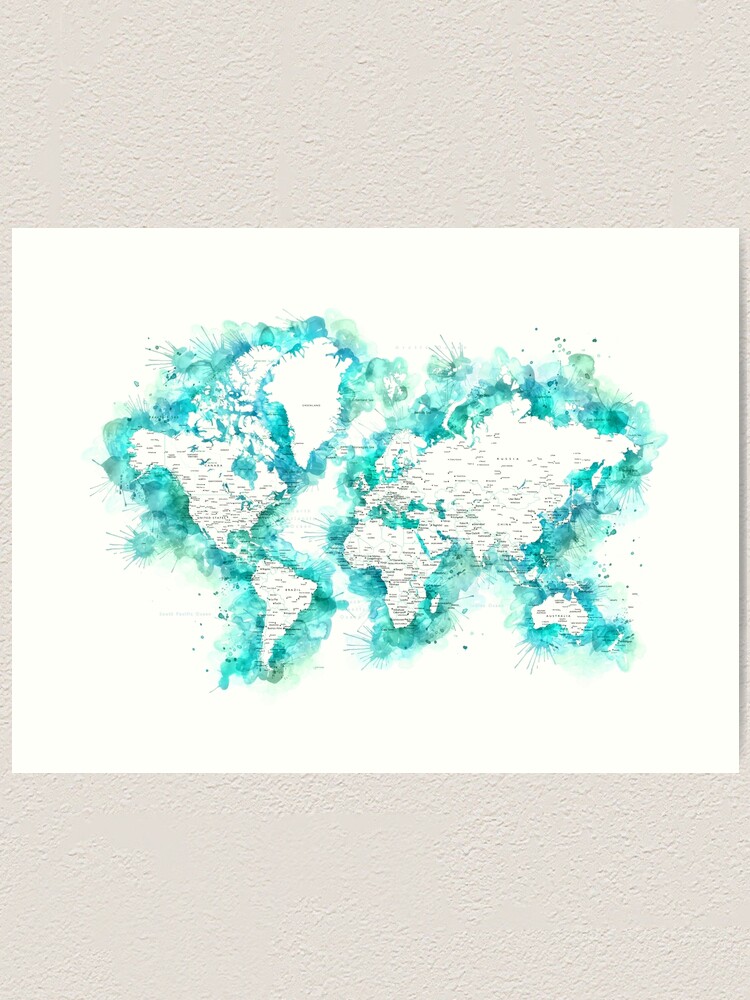 "Detailed world map in aquamarine watercolor" Art Print by blursbyai ...