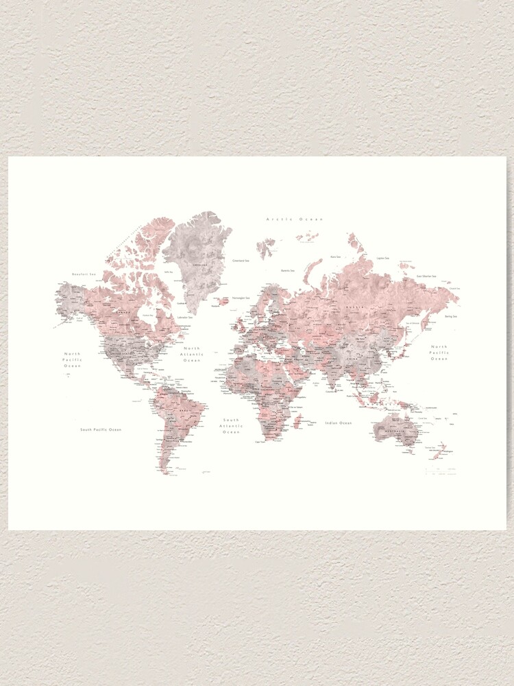 "Muted pink and taupe detailed world map" Art Print by blursbyai ...