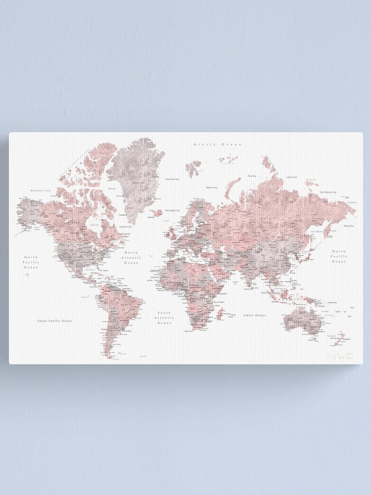 "Muted pink and taupe detailed world map" Canvas Print for Sale by ...