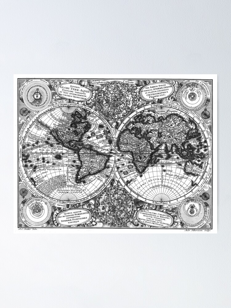 "Black and White World Map (1744)" Poster for Sale by BravuraMedia ...