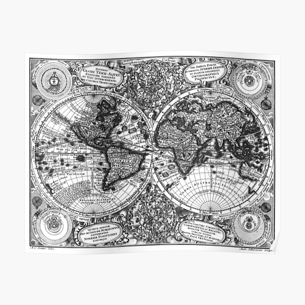"Black and White World Map (1744)" Poster for Sale by BravuraMedia ...