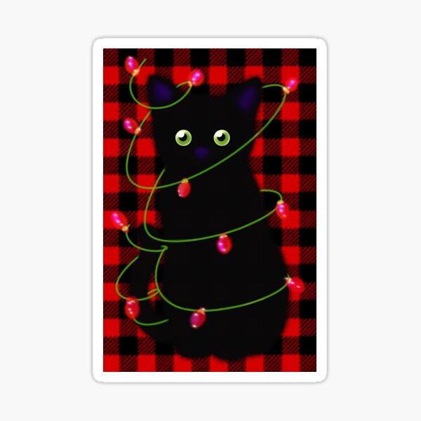 "Meowy Christmas, cute black cat and red and green twinkle lights ...