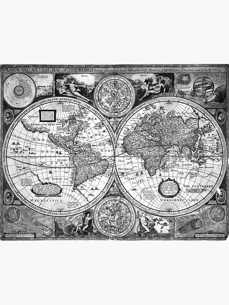 "Black and White World Map (1651)" Sticker for Sale by BravuraMedia ...