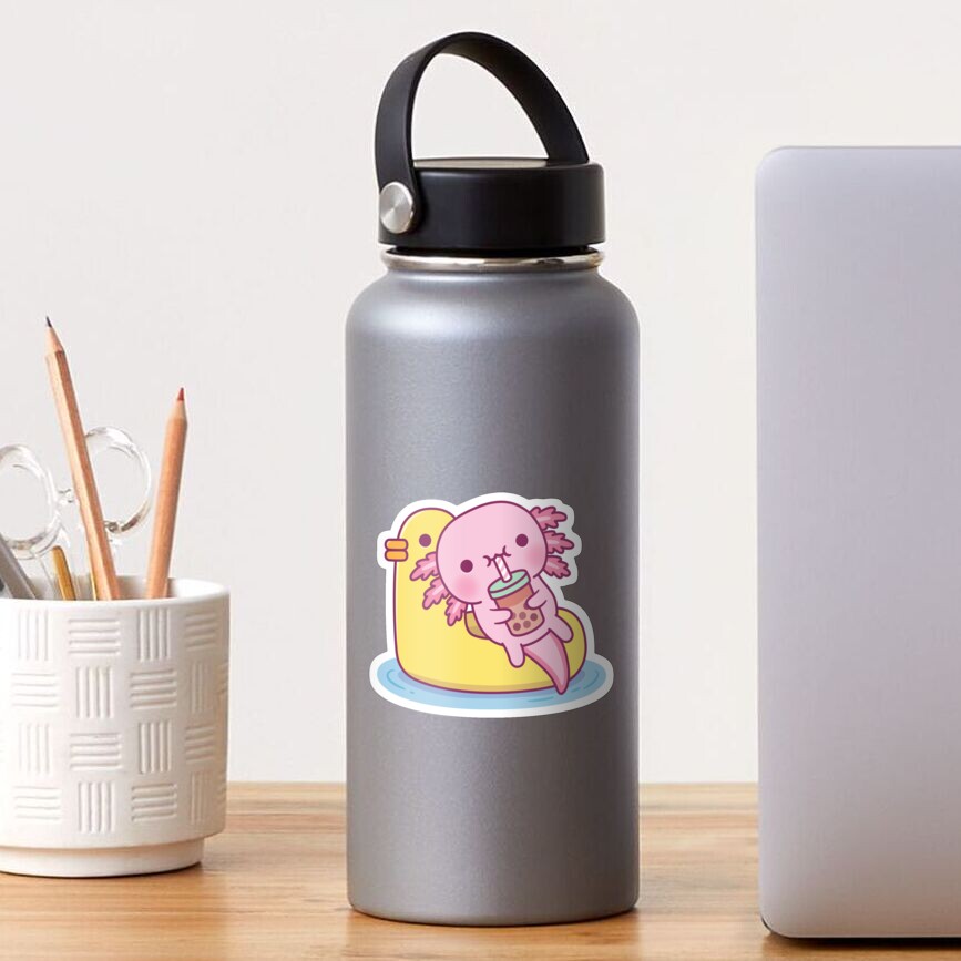 "Cute Axolotl Chilling On Duck Pool Float Drinking Bubble Tea" Sticker ...