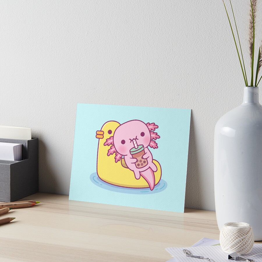 "Cute Axolotl Chilling On Duck Pool Float Drinking Bubble Tea" Art ...
