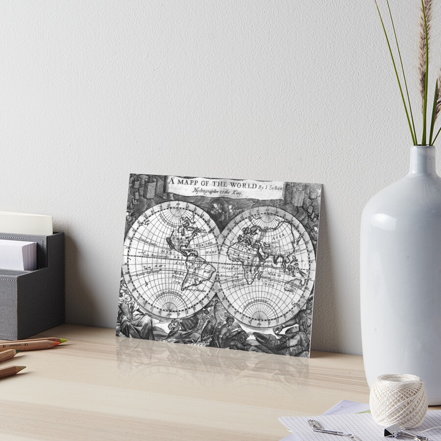 "Black and White World Map (1682)" Art Board Print by BravuraMedia ...