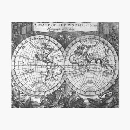 "Black and White World Map (1682)" Art Board Print by BravuraMedia ...