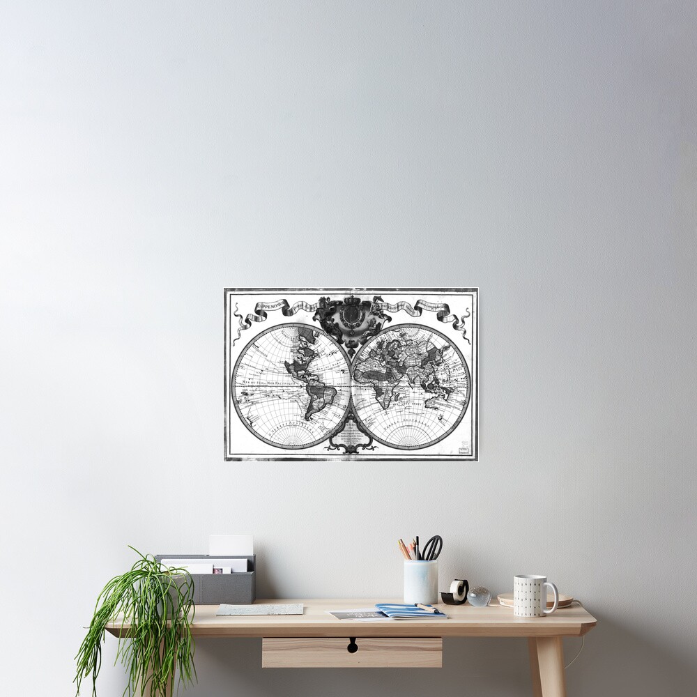 "Black and White World Map (1720)" Poster by BravuraMedia | Redbubble