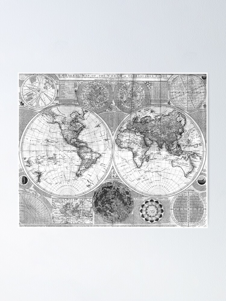 "Black and White World Map (1787)" Poster by BravuraMedia | Redbubble