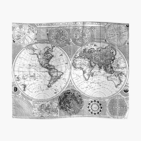 "Black and White World Map (1787)" Poster by BravuraMedia | Redbubble