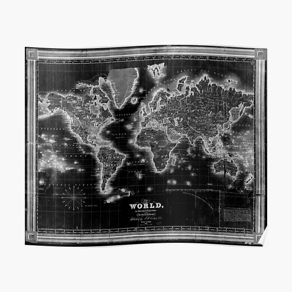 "Black and White World Map (1840) Inverse" Poster for Sale by ...