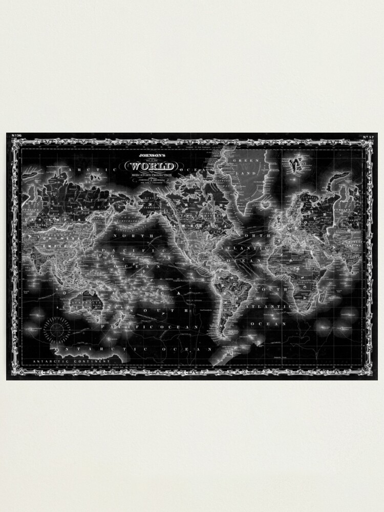 "Black and White World Map (1860) Inverse" Photographic Print for Sale ...