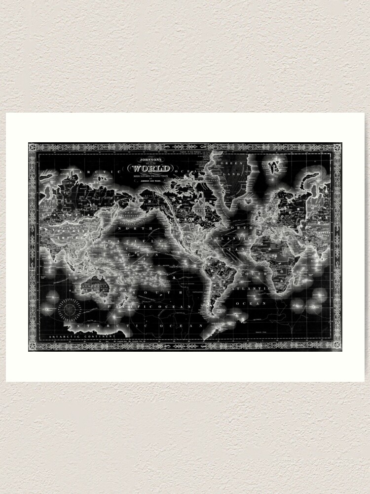 "Black and White World Map (1864) Inverse" Art Print for Sale by ...