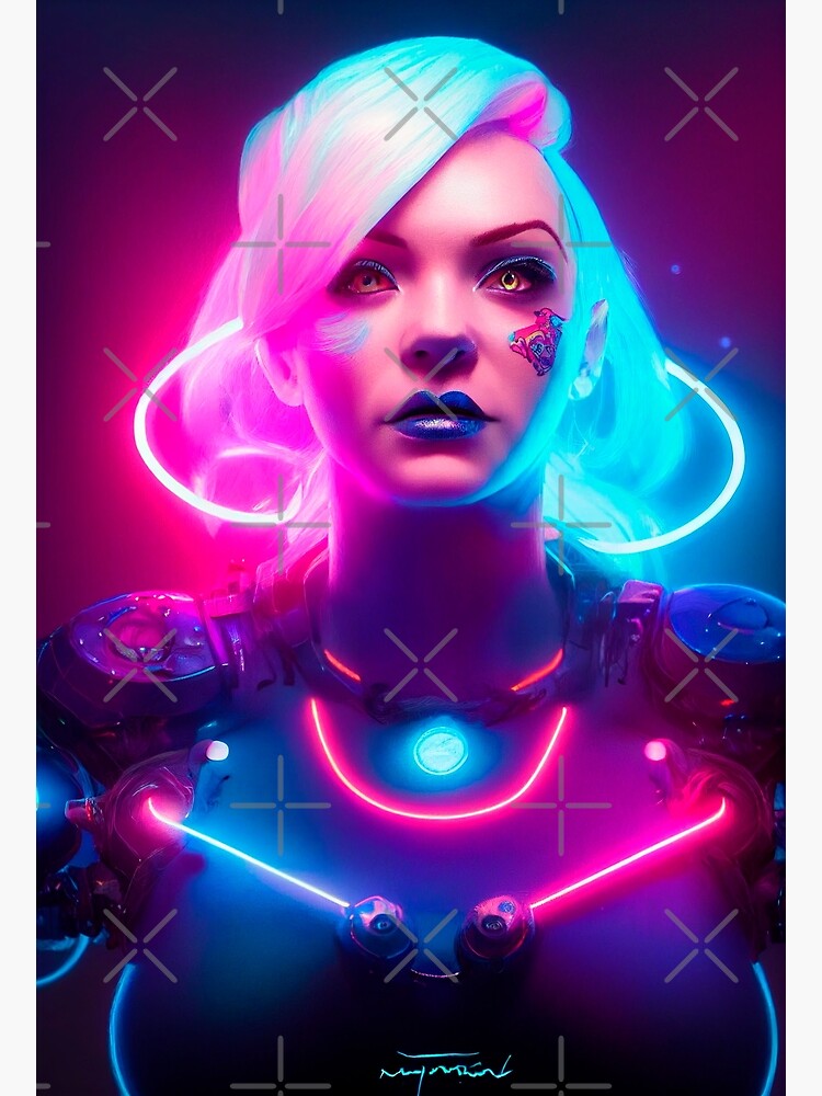 Japanese Cyberpunk Cyborg Pinup Girl With Neon Lights Japanese Neon Lights Purple Blue Metal