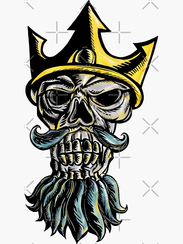 "Skull of Neptune Trident Crown Head Woodcut" Sticker for Sale by ...