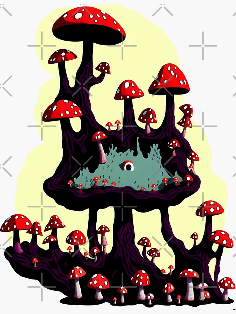 "Little monster living in a toadstool cave and shrooms II" Sticker for ...