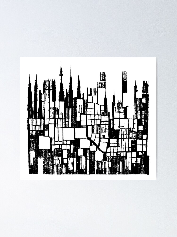 "black and white city, linocut style" Poster for Sale by hongmoe ...