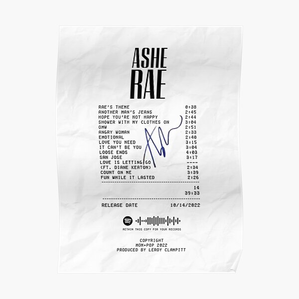 "rae | ashe | album receipt" Poster for Sale by cripparaissa | Redbubble