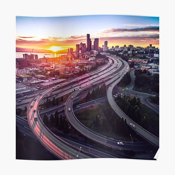 "Seattle Skyline Downtown Sunset Aerial View" Poster for Sale by ...