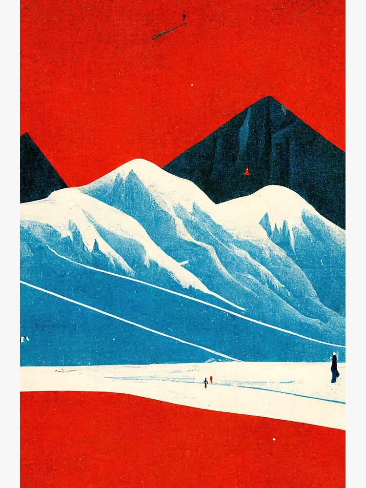 "Skiing in the Swiss Alps - vintage graphic style mountain landscape ...