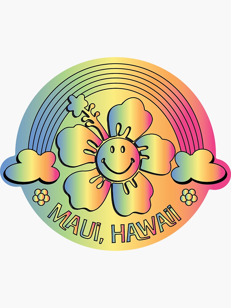 "Maui Hawaii Smiley Face Hibiscus Flower Rainbow" Sticker for Sale by ...