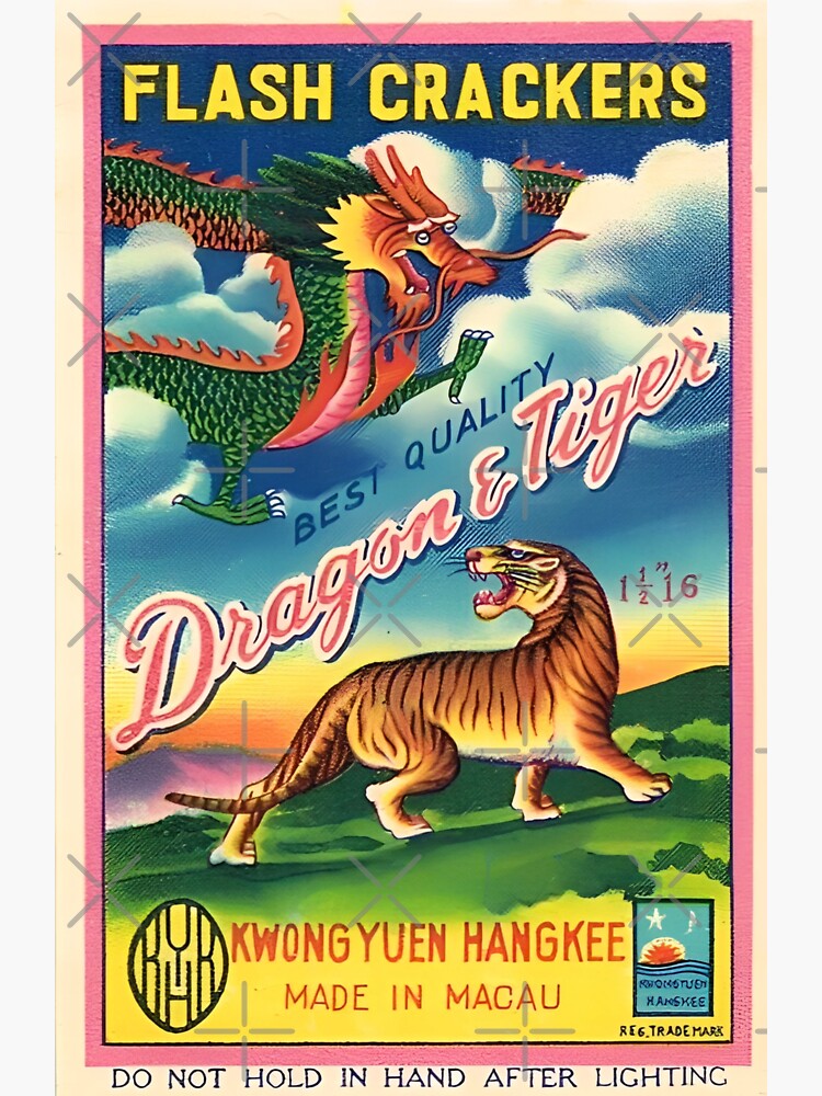 "Vintage Dragon and Tiger Macau Firecrackers" Sticker for Sale by ...