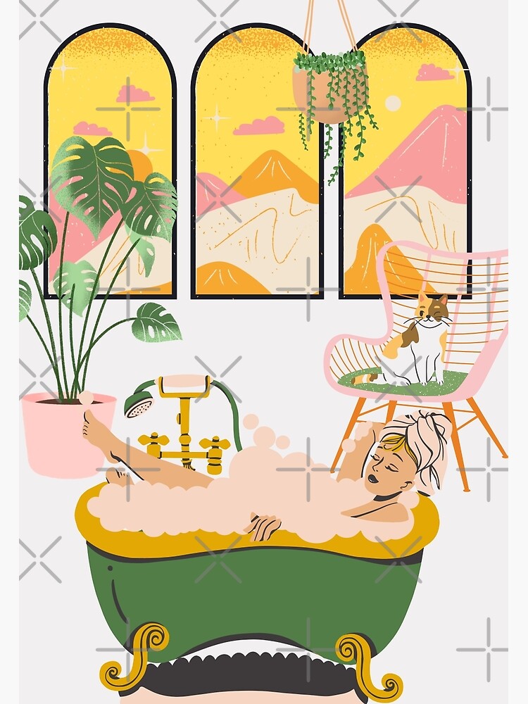 "Pamper Yourself (Woman in Bath tub with cat illustration)" Poster for ...