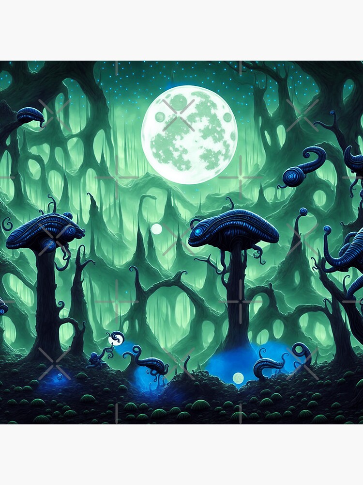 "Alien planet landscape with snail-monsters nesting on trees and a ...