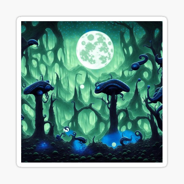 "Alien planet landscape with snail-monsters nesting on trees and a ...
