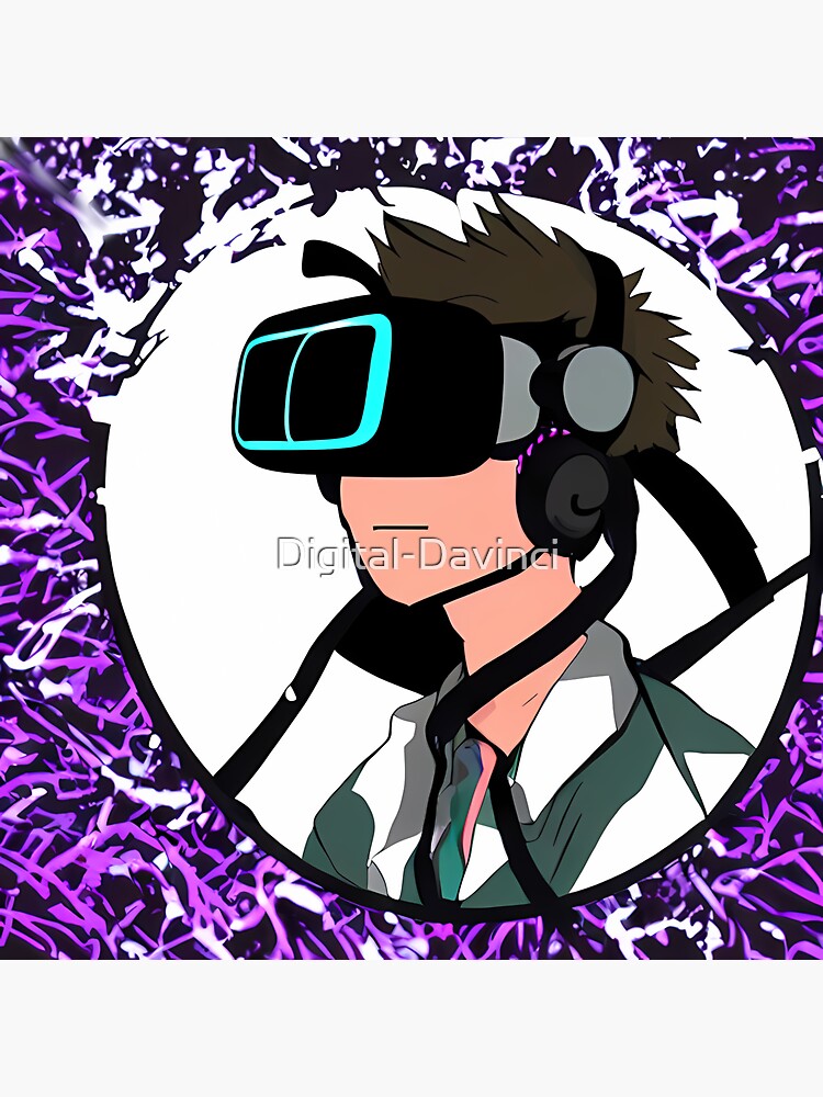 "Young Man in VR Metaverse , Purple Ribbons Background, Abstract Comic ...